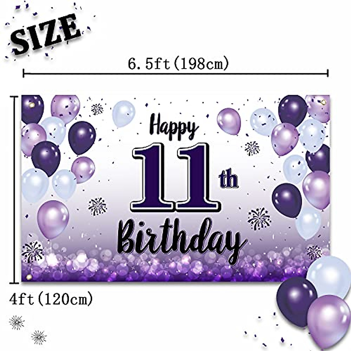 LASKYER Happy 11th Birthday Purple Large Banner - Cheers to Eleven Years Old Birthday Home Wall Photoprop Backdrop,11th Birthday Party Decorations.