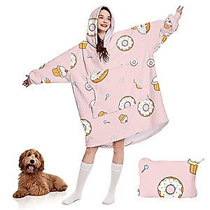 Wearable Blanket Hoodie Oversized Sweatshirt With Hood Sleeves and Pocket Cozy Warm Hoddie Blanket for Adult Gifts for Women,Unicorn Donut Pink