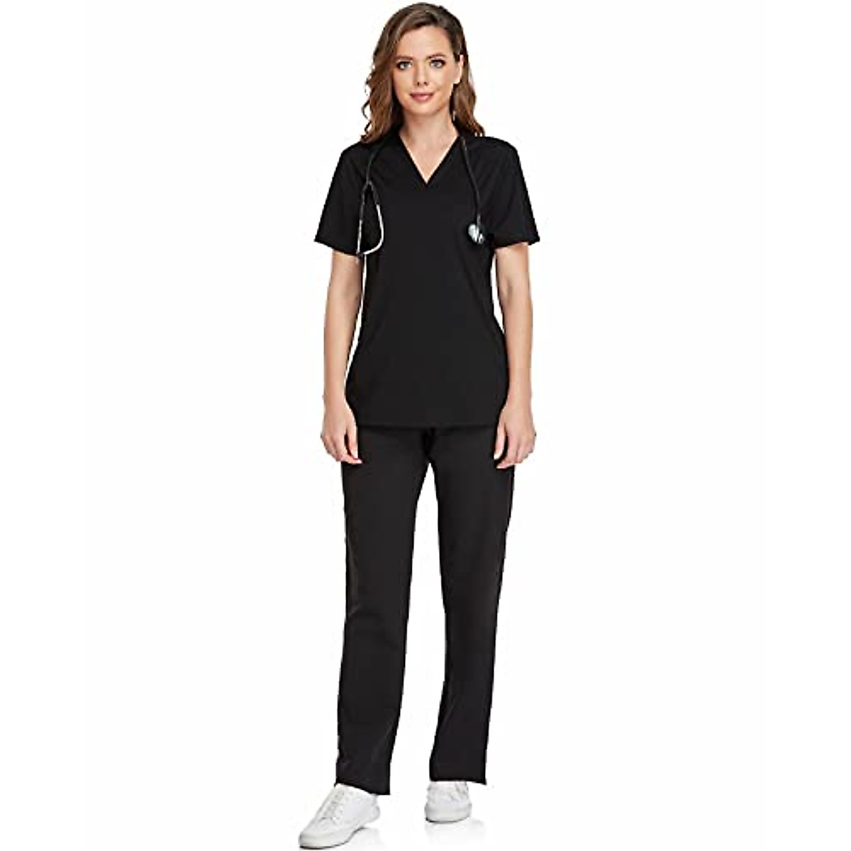 COMENII Scrub Tops for Women, Two Pocket Sporty Quick-Dry Stretch V-Neck Workwear, Anti-Wrinkle Medical Scrubs for Women(Black L)