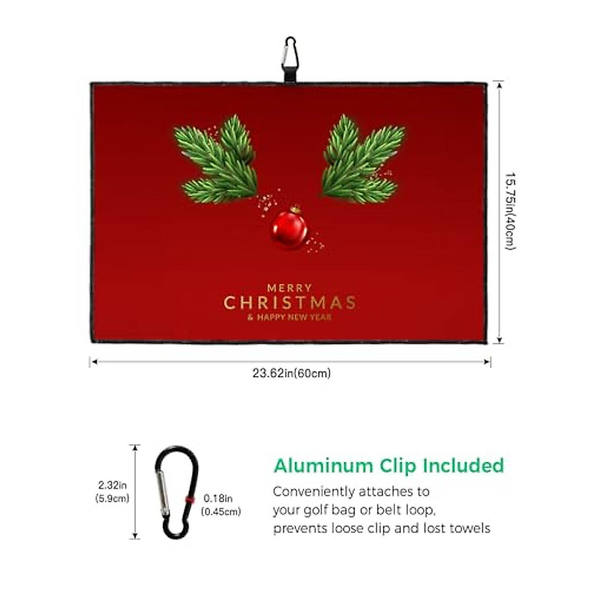 Golf Towel Christmas Pine Needle Light Ball Red,Waffle Pattern Microfiber Club Cleaner Golf Towels with Carabiner Clip for Women Men Dad,Xmas Green Plant Golf Towel for Golf Bags Accessories,24x16in
