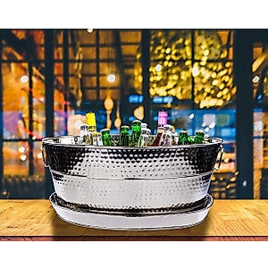 BREKX Metal Serving Tray 21" x 14" - Decorative Hammered Platter for Barware, Kitchenware, Coffee Tables (Stainless Steel)