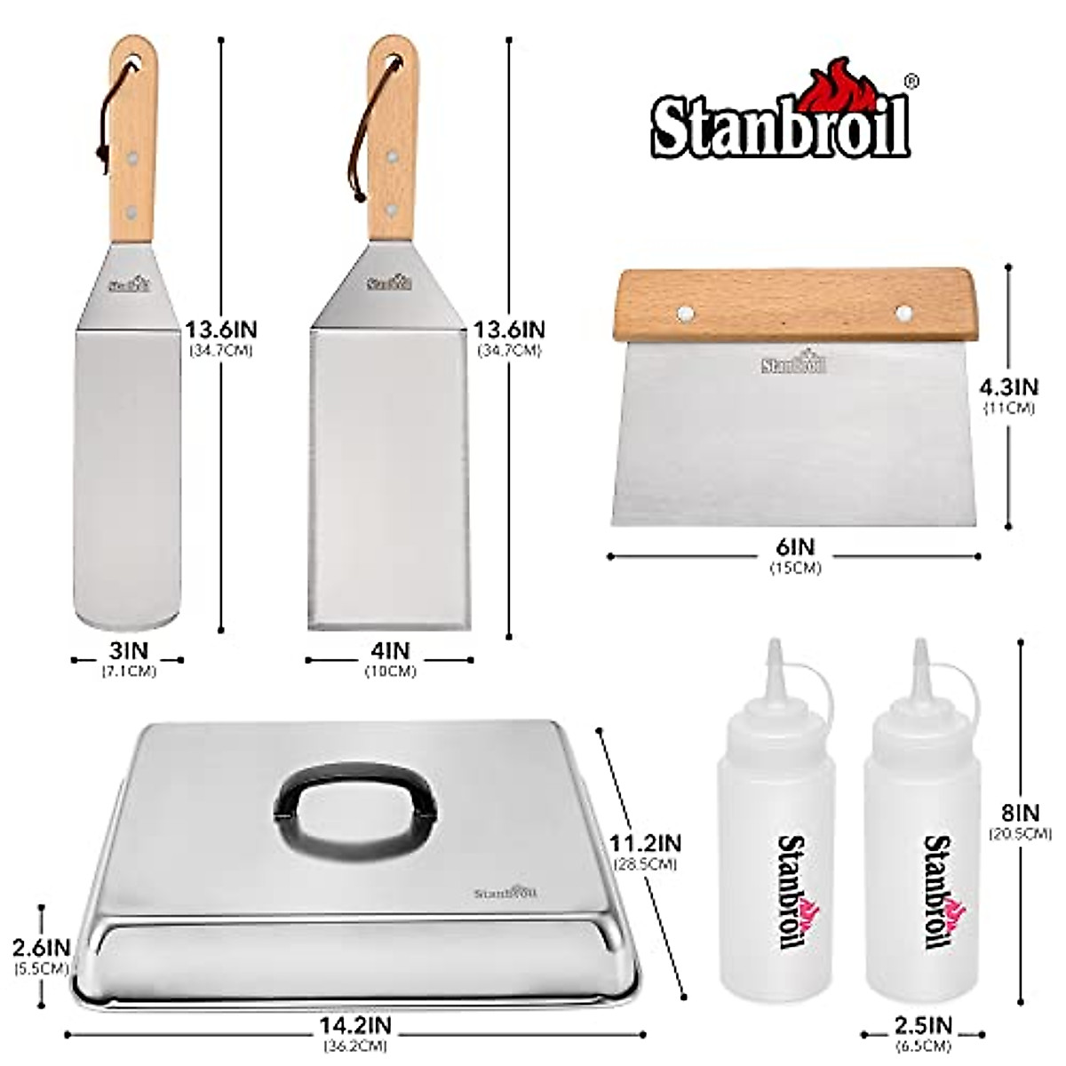Stanbroil BBQ Griddle Accessories Set of 6 - Heavy Duty Stainless Steel Scraper, Spatula, Basting Cover and Bottles for Blackstone, Camp Chef Grill and Outdoor Griddle Accessories
