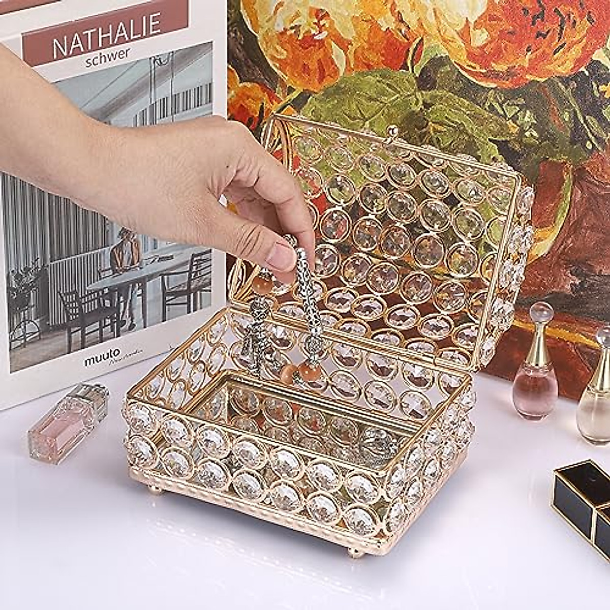 Hipiwe Crystal Jewelry Box Large Gold Treasure Chest Box with Lid Mirrored Trinket Organizer Keepsakes Box Earrings Rings Holder Decorative Jewelry Box Christmas Birthday Gift for Women Girls