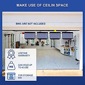 TOPOWN 4-Set Overhead Storage Bin Rack for Four Bins Garage Ceiling Storage Racks Ceiling Storage Rack Overhead Tote Storage Rack Garage Storage Ceiling Rack Garage Ceiling Rail Overhead Storage Rack