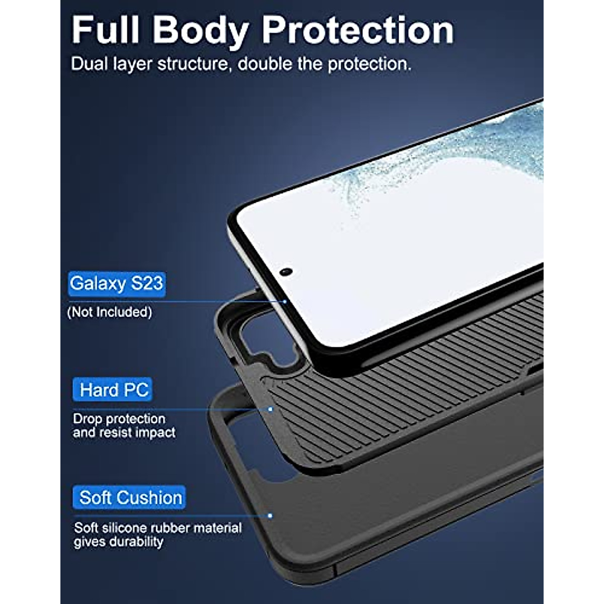 Dahkoiz for Samsung Galaxy S23 Case, with Dust-Proof Port Cover, Full Body Protection Rubber Cover Phone Case for Samsung Galaxy S23 5G 6.1-Inch, Black/Black