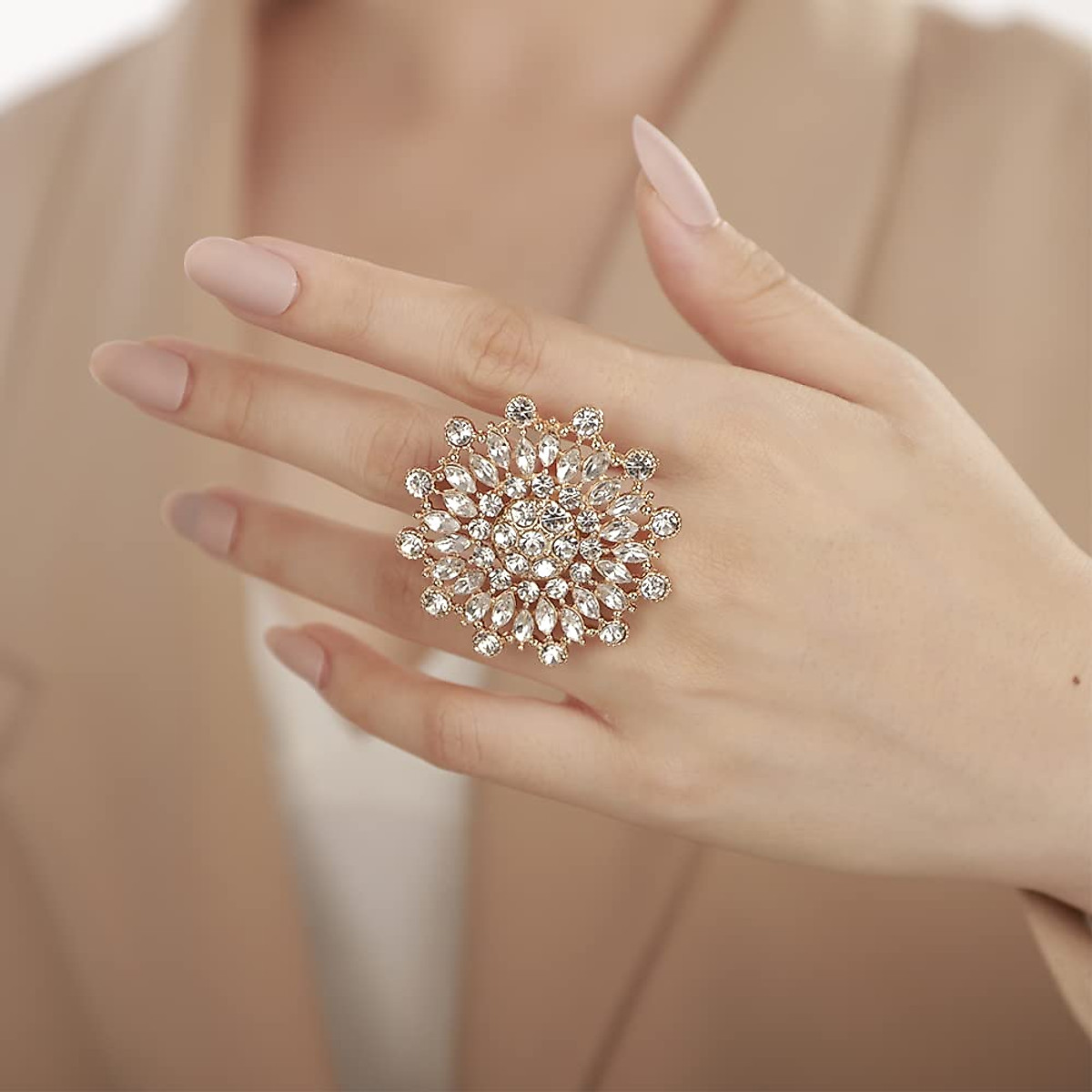 YERTTER Wedding Gold Clear Crystal Giant Ring African Women Statement Ring Rhinestone Exaggerated Cocktail Ring Vintage Rhinestone Ring for Wedding Women Girls (Gold）