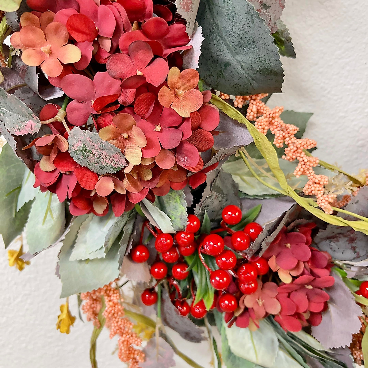 Abbie Home 24" Artificial Fall Floral Wreath with Handmade Red Hydrangea Series Rustic Leaves Red Berry for Front Door Wall Window Decor and Thanksgiving Harvest Festival Celebration