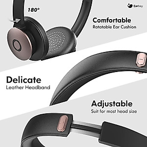Earbay Bluetooth Headset with Microphone, Wireless Headset with Noise Cancelling Mic, On Ear Headphone with USB Dongle & Mute Button, 26hrs Talk time for PC/Office/Zoom/Skype Rose Gold