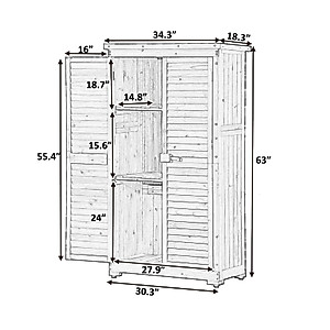 Outdoor Wooden Storage Shed with Floor, Wood Storage Cabinet Waterproof, Garden Tool Shed with 3-Tier Shelves, Outside Vertical Shed with Shutter Design, Fir Wood, Latch Lock (Gray)