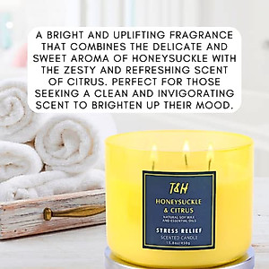 Large 3 Wick Scented Candle - Honeysuckle Citrus Stress Relief Aromatherapy Candle with Grapefruit, Mint & Rose - 15.8 oz Natural Soy Candles for Men and Women - Scented Spring Candles for Home