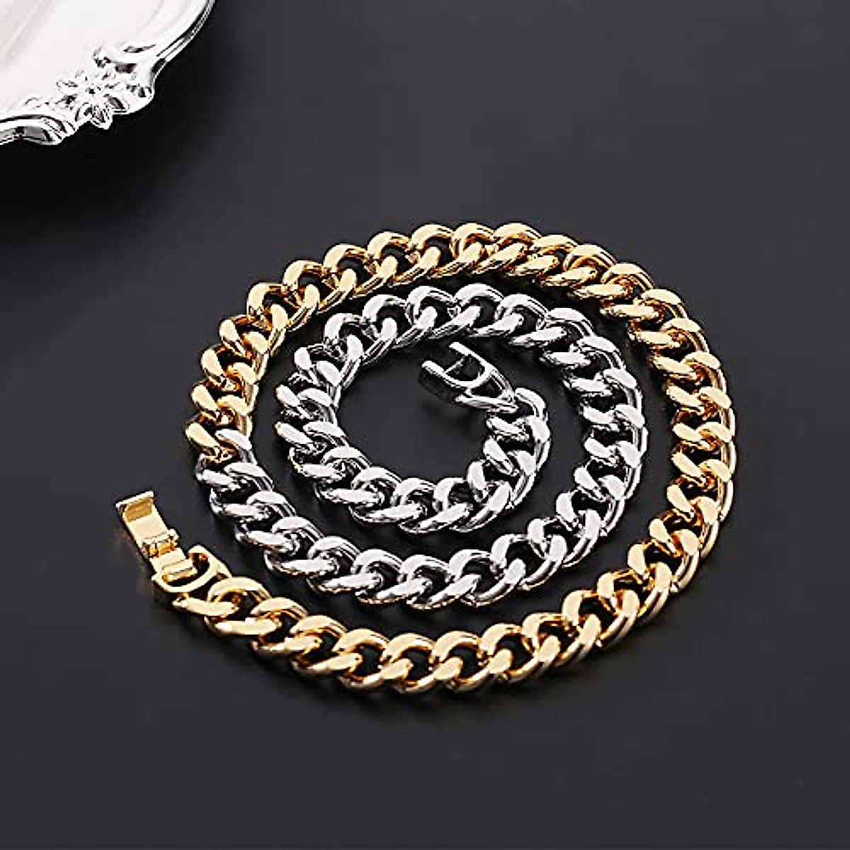 WOWORAMA Two Tone Gold Silver Cuban Link Necklace for Women Men 5mm Thick Chunky Curb Chain Choker Necklace, 18"