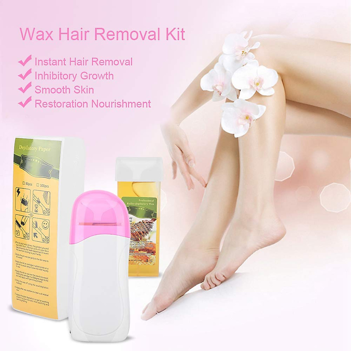 Wax Roller Kit, Roll on Wax Kit, EU PLUG Wax Warmer, Waxing Kit Wax Hair Removal Kit Waxing Roller Depilatory Roll on Wax Heater Roller with 100pcs Wax Paper Hair Removal Set EU Pulg without Adapter
