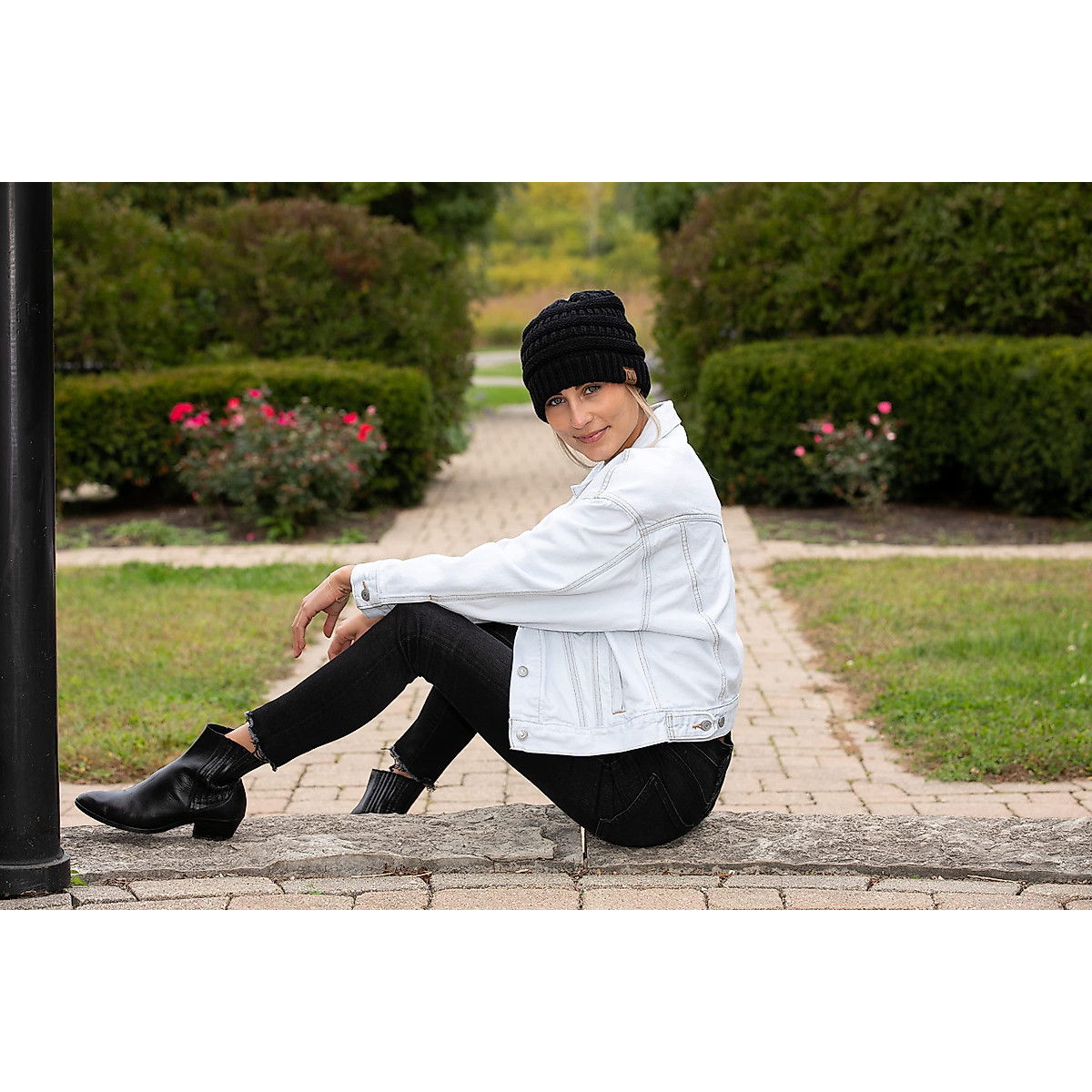 Funky Junque Criss Cross Hat Womens Beanie Tail Messy Bun High Ponytail Knit Cap - Black