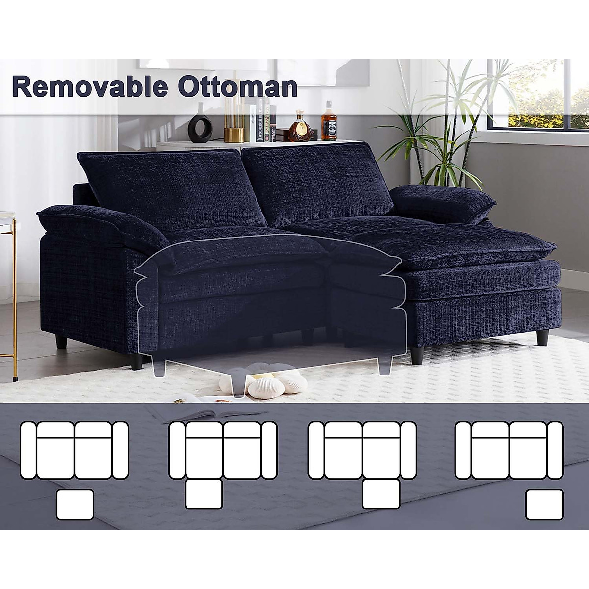 Suheww Cloud Sofa sectional Modular Loveseat Sofa couches, 86.6" Modern 2-Seat Convertible Loveseat Sofa with Ottoman, Comfy L-Shaped Extra Deep Seat Sofa Couch for Living Room Apartment（Blue