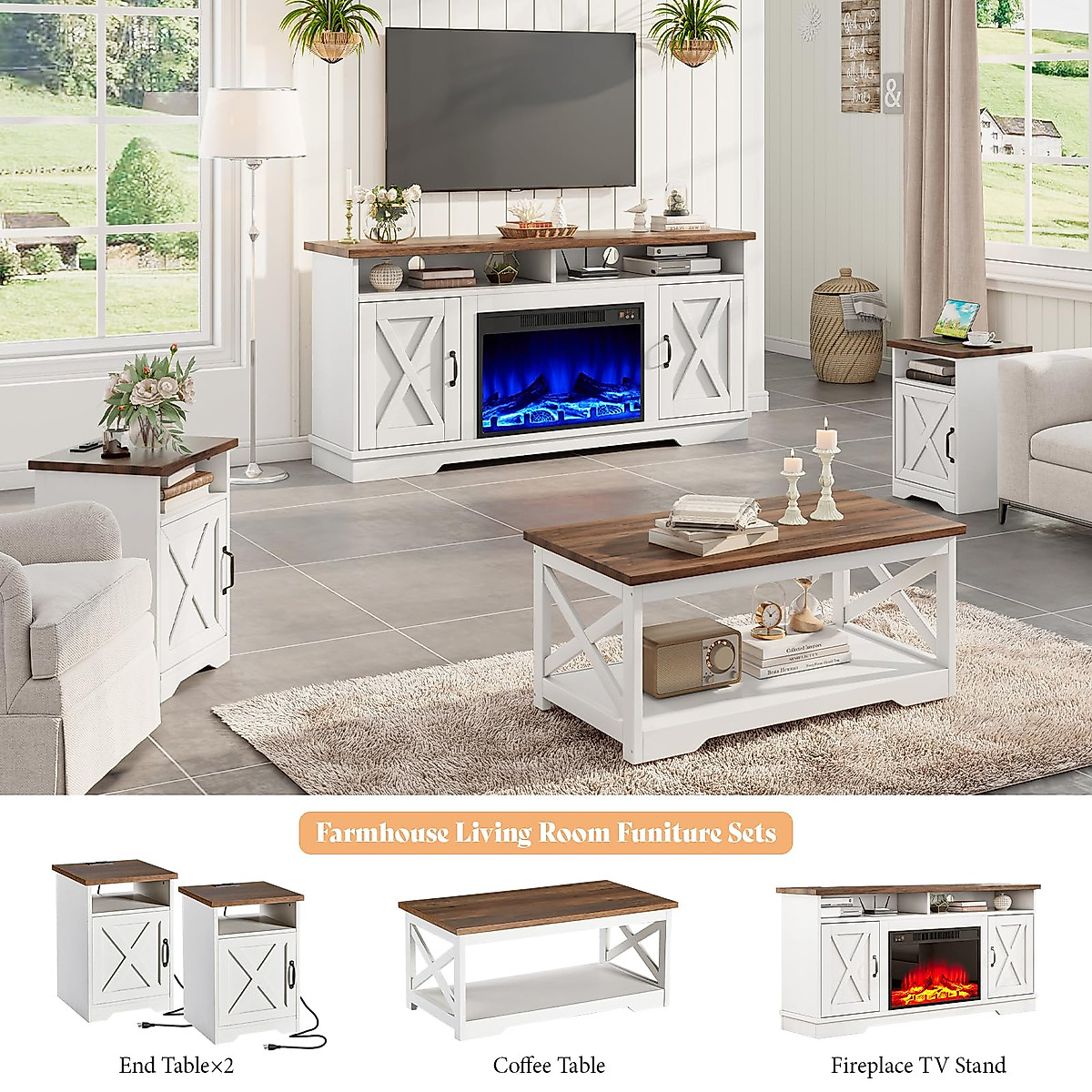 AMERLIFE 5-Piece Farmhouse Table Set Include 63" TV Stand with 26" Fireplace, 40" Coffee Table, 2 End Tables with Charging Station & USB Ports, Living Room Table Sets with Barn Door, Rustic Oak&White