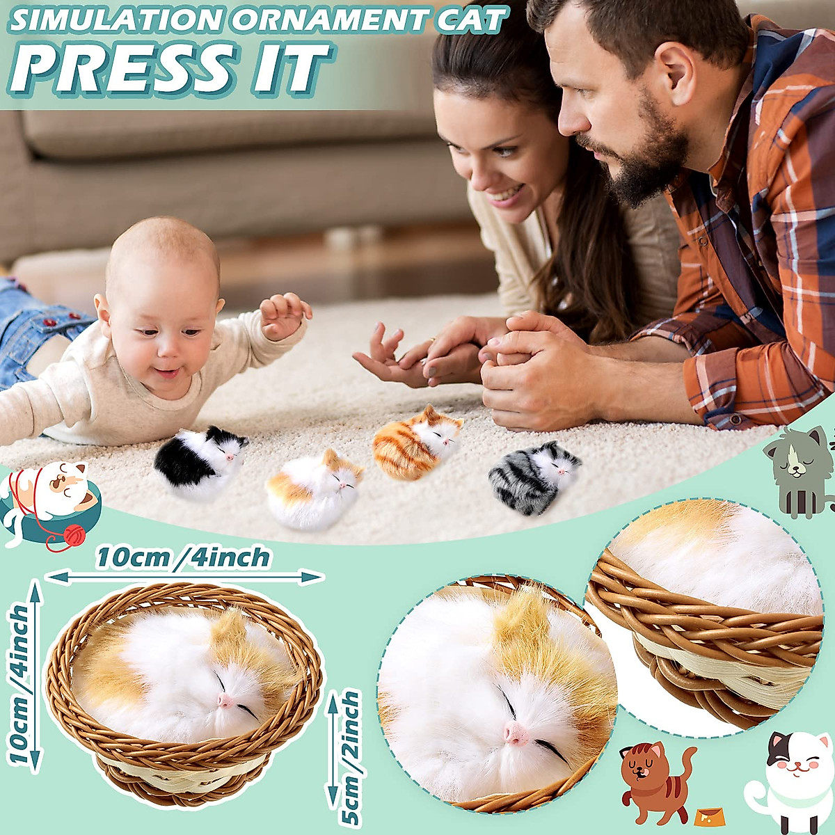 Civaner 4 Pcs Sleeping Cat in Basket Doll Toy Lovely Mini Kitten in Woven Realistic Fake Fluffy Hand Gift Plush Stuffed Decor with Meows Sounds for Office Desk Boys Girls