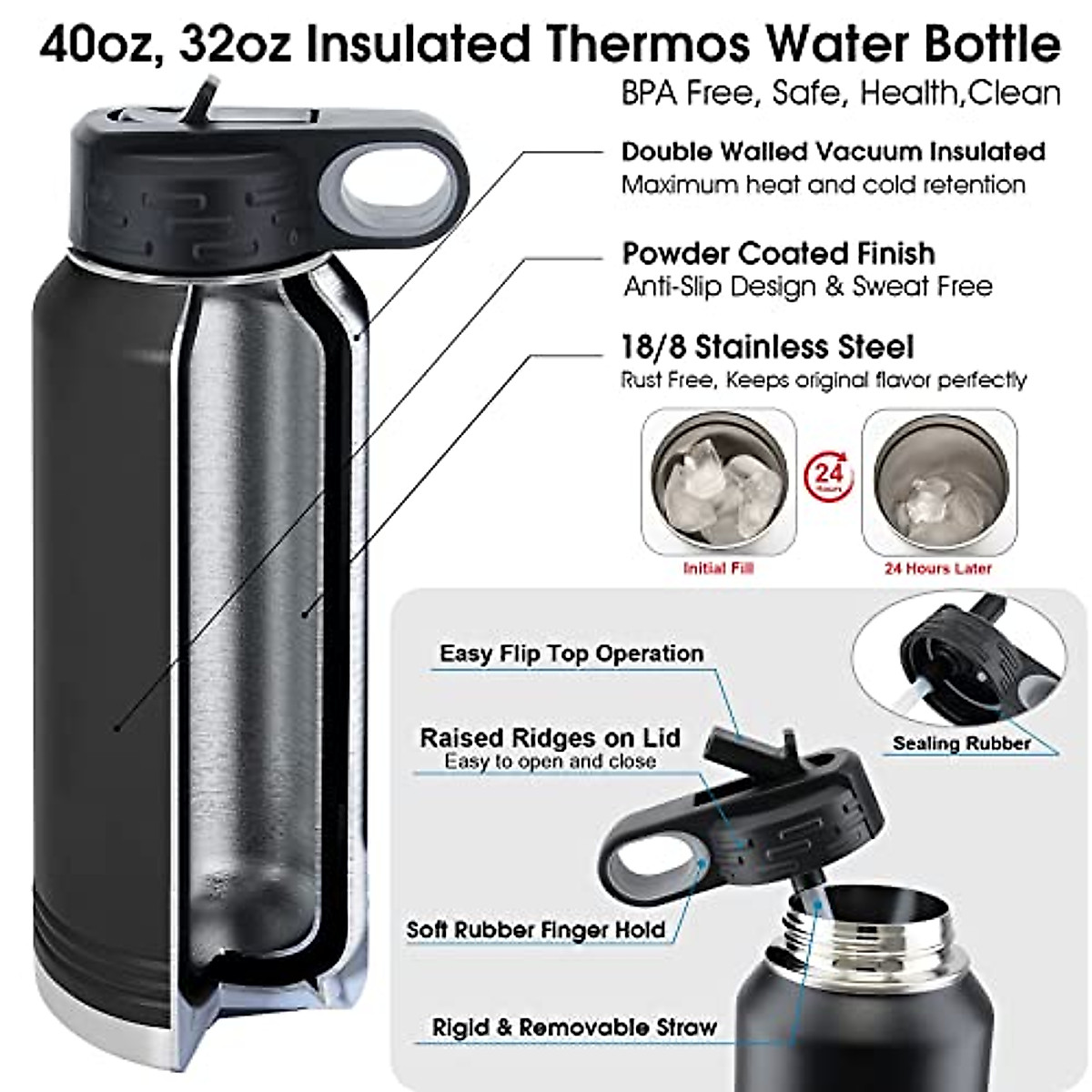 Personalized Water Bottle 40oz/32oz with Flip-top Lid and Straw, Customized Vacuum Insulated Water Flask, Stainless Steel Sports Double Wall Thermos, Name Engraved by iProductsUS (Black)