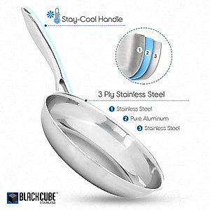 Black Cube Stainless Steel 9.5-inch Frying Pan, 3 Ply Professional Grade Steel Skillet, Sliver, Dishwasher Safe