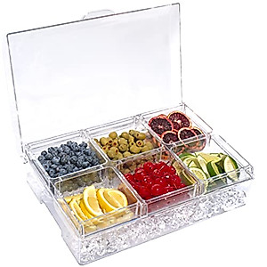 ImpiriLux Ice Chilled Six Compartment Condiment Server Caddy - Serving Tray Container with 6 Removable Dishes Each with 3.5 Cup Capacity | Domed Hinged Lid | 4 Serving Spoons + 4 Tongs Included