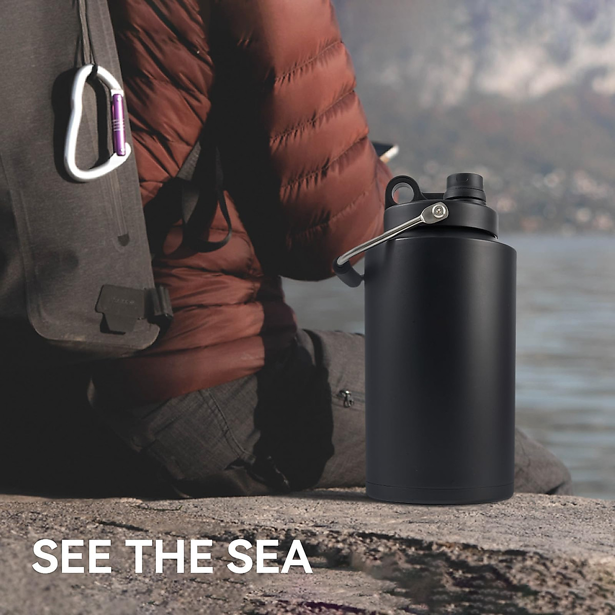 Miereirl 128 Oz Insulated Water Jug, One Gallon Stainless Steel Vacuum Double Walled Water Bottle With Handle, BPA-Free Keep Cold 48H Hot 24H, Wide Mouth For Sports, Gym, Traveling, Camping (Black)