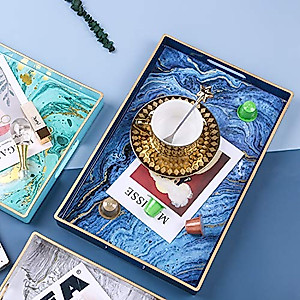 Zosenley Decorative Tray, Marbling Plastic Tray with Handles, Rectangular Vanity Tray and Serving Tray for Bathroom, Kitchen, Ottoman and Coffee Table, 15.6” x 10.2”, Blue