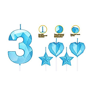 Blue Number 3 Candles and Star Heart Candles 2.76 inch Number Candles for Birthday Cakes 3D Diamond Shaped for Cake Decorations(Blue Candle 3)