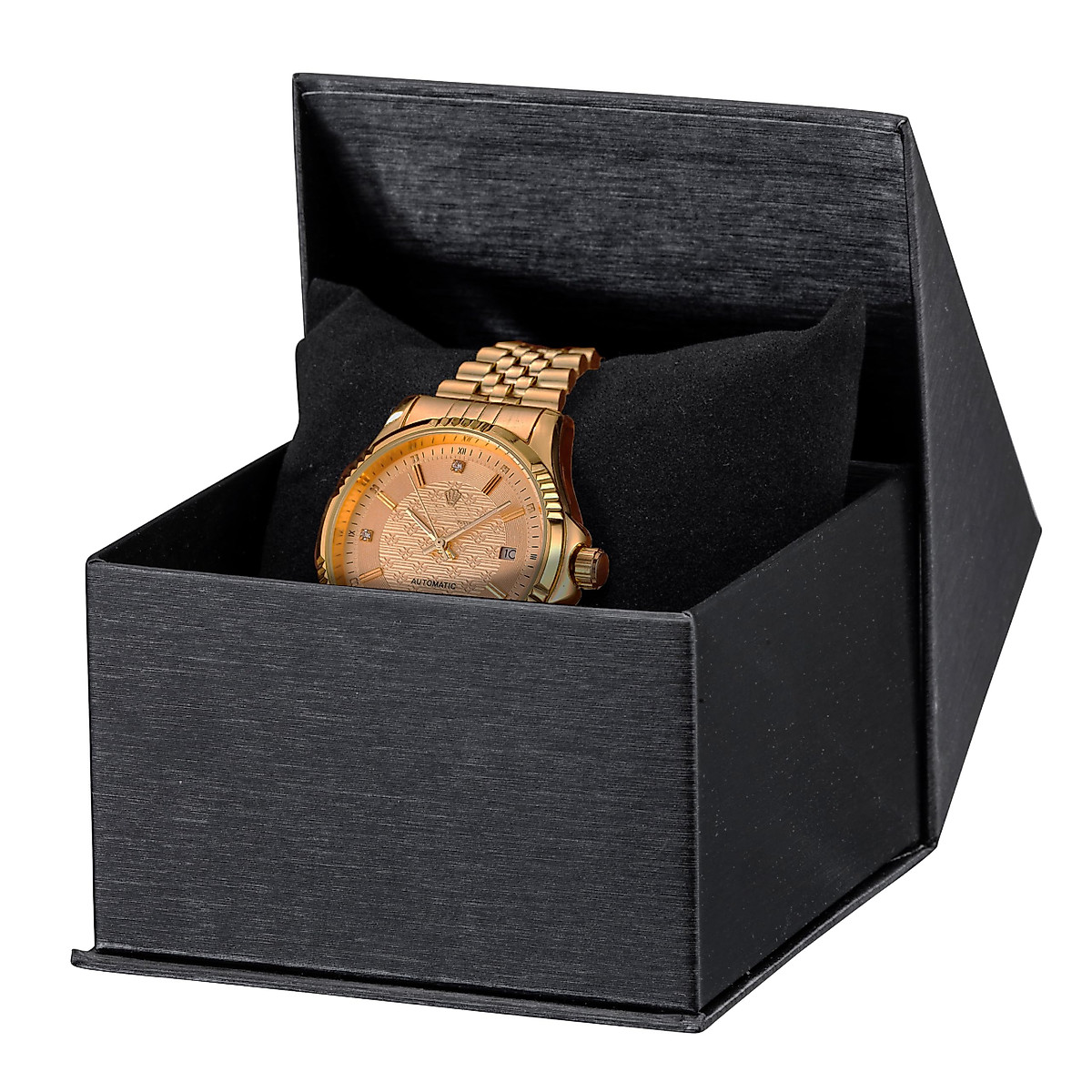 ALLUREPACK Watch/Bangle Box With Pillow - Black Colored - Silk Brushed Cardboard Paper Jewelry Gift Box With Elite Modern Angled Closure, Velvet Topped Foam Interior.