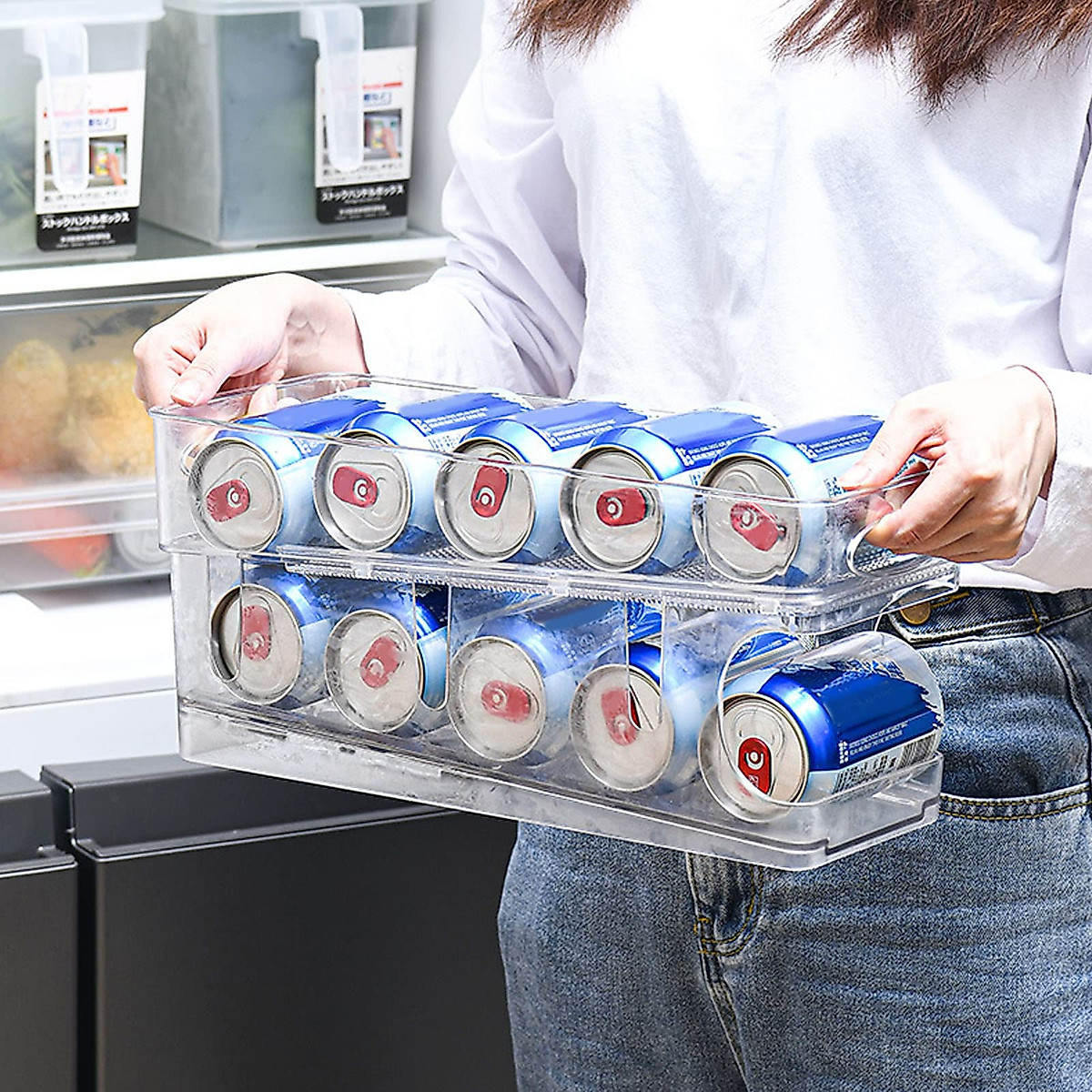 Natudeco Can Storage Dispenser for Fridge, Rolling Soda Can Organizer 2 Layer Refrigerator Beverage Holder Fridge Can Storage Rack for Drinks Cola Beer