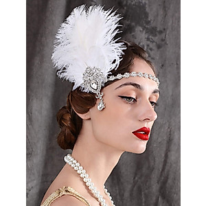 SWEETV 1920s Feather Headpiece Ivory, Womens Ostrich Feather Crystal Headband, Great Gatsby Hair Accessories for Women, Ribbon Tie