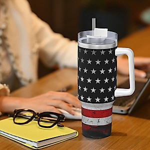 deaokluy 40 OZ American Flag Ice Bully Cup with Handle Straw Lid, Double Wall Stainless Steel Tumbler Travel Coffee Cup, Retro Insulation and Cooling Cup for Christmas Birthday Present