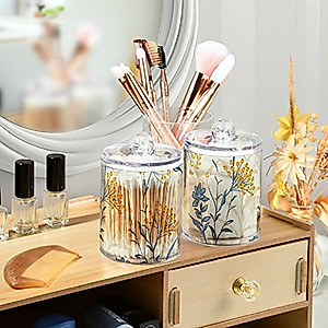 WELLDAY Apothecary Jars Bathroom Storage Organizer with Lid - 14 oz Qtip Holder Storage Canister, Beige Yellow Flowers Clear Plastic Jar for Cotton Swab, Cotton Ball, Floss Picks, Makeup Sponges,Hair