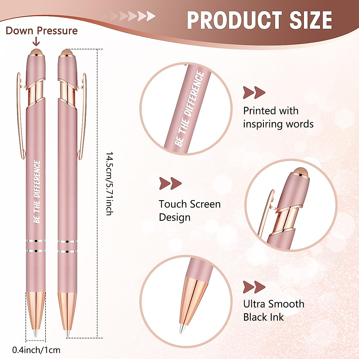 Yeaqee 24 Pcs Inspirational Ballpoint Pens Motivational Black Ink Retractable Quotes Pen with Stylus Tip Encouraging Message for Women Men Writing Office School Christmas Gift(Rose Gold)