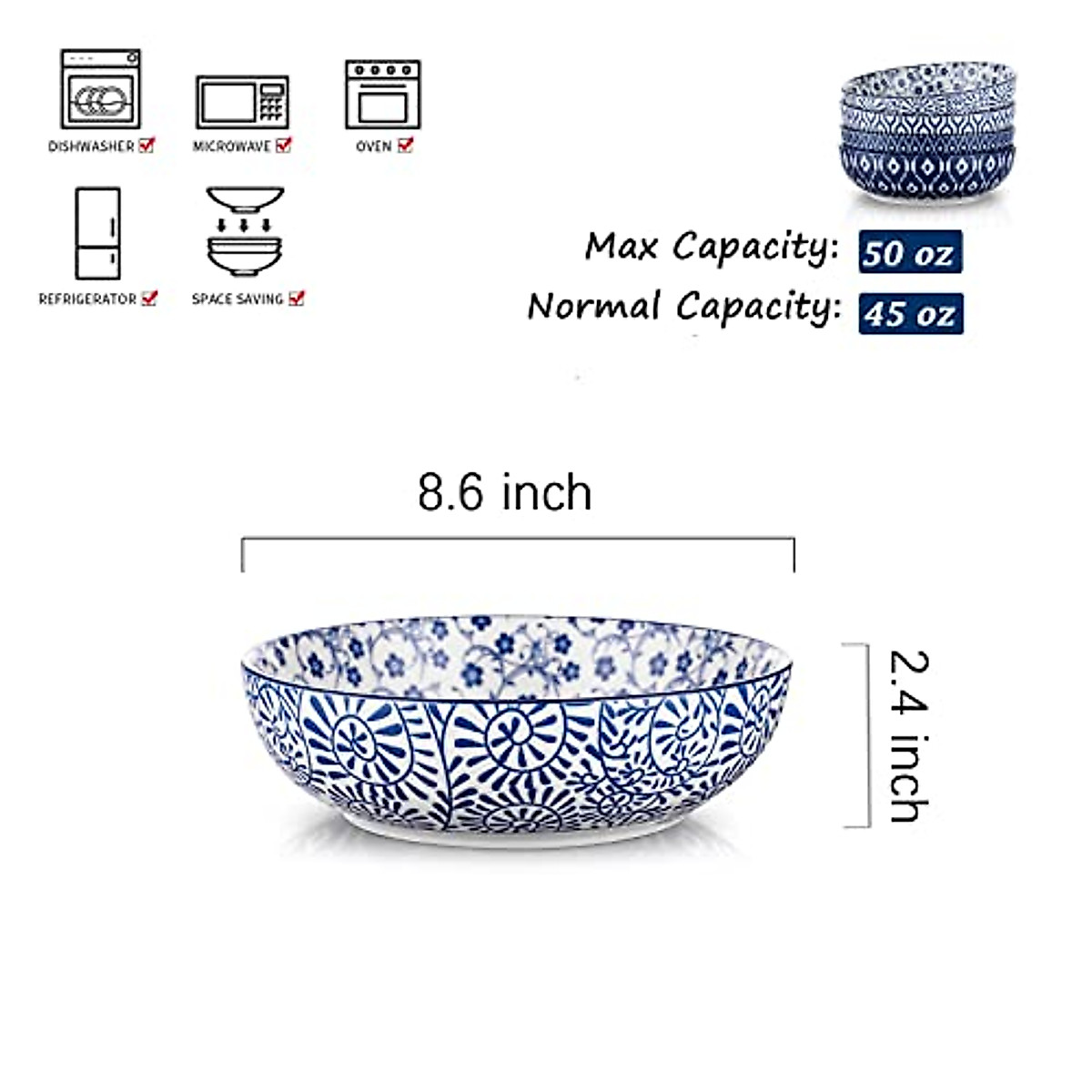 Selamica Ceramic 50 Ounce Pasta Bowls Set of 4, 8.6 Inch Large Salad Bowls, Wide and Shallow Porcelain Soup Bowls, Stackable Serving Bowls, Microwave Dishwasher Safe, Christmas Gift, Vintage Blue