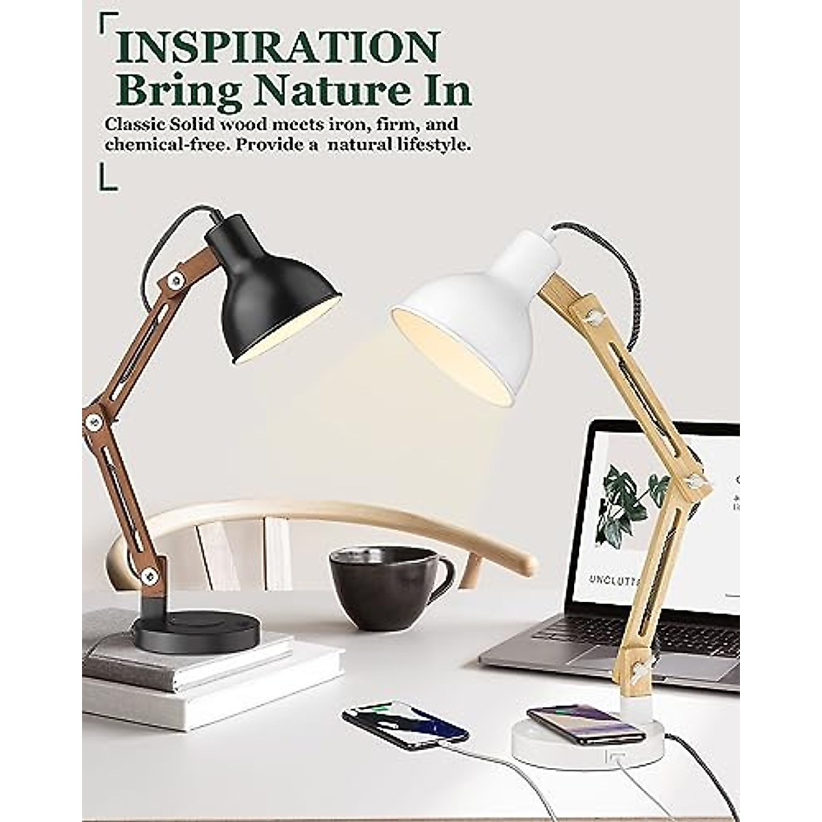 ELYONA White Desk Lamp with Wireless Charger, Solid Wood Table Lamp with USB C Charging Port, Swing Arm Reading Task Light with 5W LED Bulb for College Dorm, Office, Living Room, Bedroom, Farmhouse