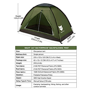 Night Cat Backpacking Tent for One 1 to 2 Persons Lightweight Waterproof Camping Hiking Tent for Adults Kids Scouts Easy Setup Single Layer 2.2x1.2m