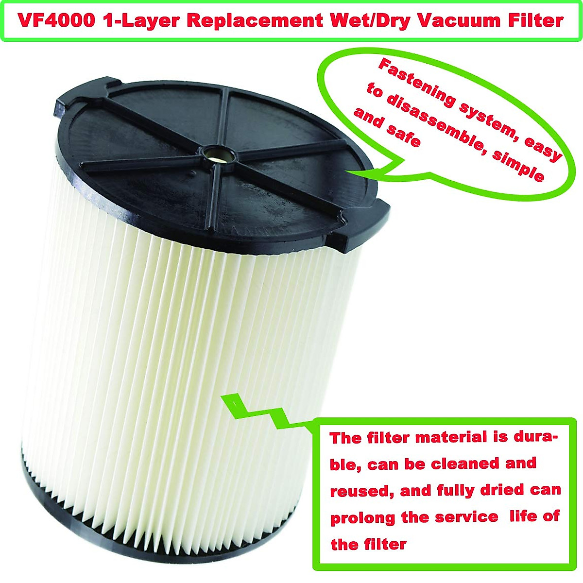 VF4000 Replacement Cartridge Filter Craftsman,for Ridgid 72947 Wet Dry Vac 5 to 20-Gallon 6-9 Gal Husky Craftsman Compatible with RV2400A RV2600B WD5500 WD0671, by NAKAO (1 Pack)