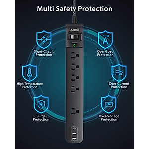 10 Ft Power Strip Surge Protector- 5 Outlets 3 USB Ports, Flat Plug Braided Extension Cord, Overload Surge Protection, Wall Mount for Hotel, Home and Office.
