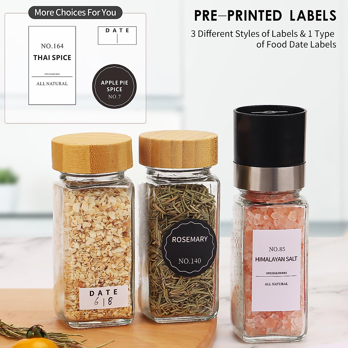 Forhaodejia Spice Jars - 24 Pcs, Spice Jars with Labels, Glass Spice Jars with Bamboo Lids, Seasoning Containers,Empty Glass Spice Container Set, Seasoning Organizer, Kitchen Set, with Pepper Grinder
