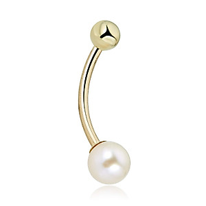 AVORA 10K Yellow Gold Freshwater Pearl Belly Button Ring Body Jewelry (14 Gauge) - Size 0