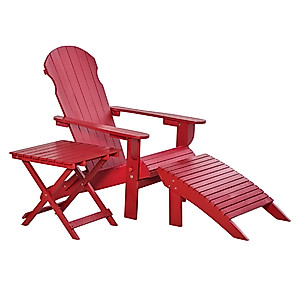Outsunny 3-Piece Folding Adirondack Chair with Ottoman and Side Table, Outdoor Wooden Fire Pit Chairs w/High-Back, Wide Armrests for Patio, Backyard, Garden, Lawn Furniture, Red