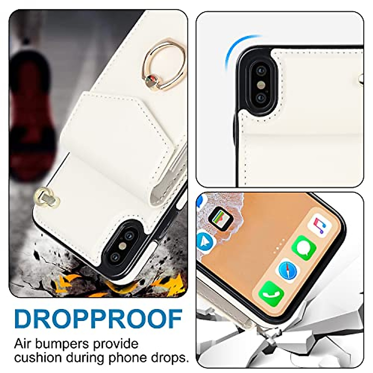 Asuwish Phone Case for iPhone Xs Max Wallet Cover with Tempered Glass Screen Protector and RFID Ring Credit Card Holder Cell Accessories i X XR Xsmax 10x SX Xmax 10xs 10s 10 Plus Xmaxs Women Off White