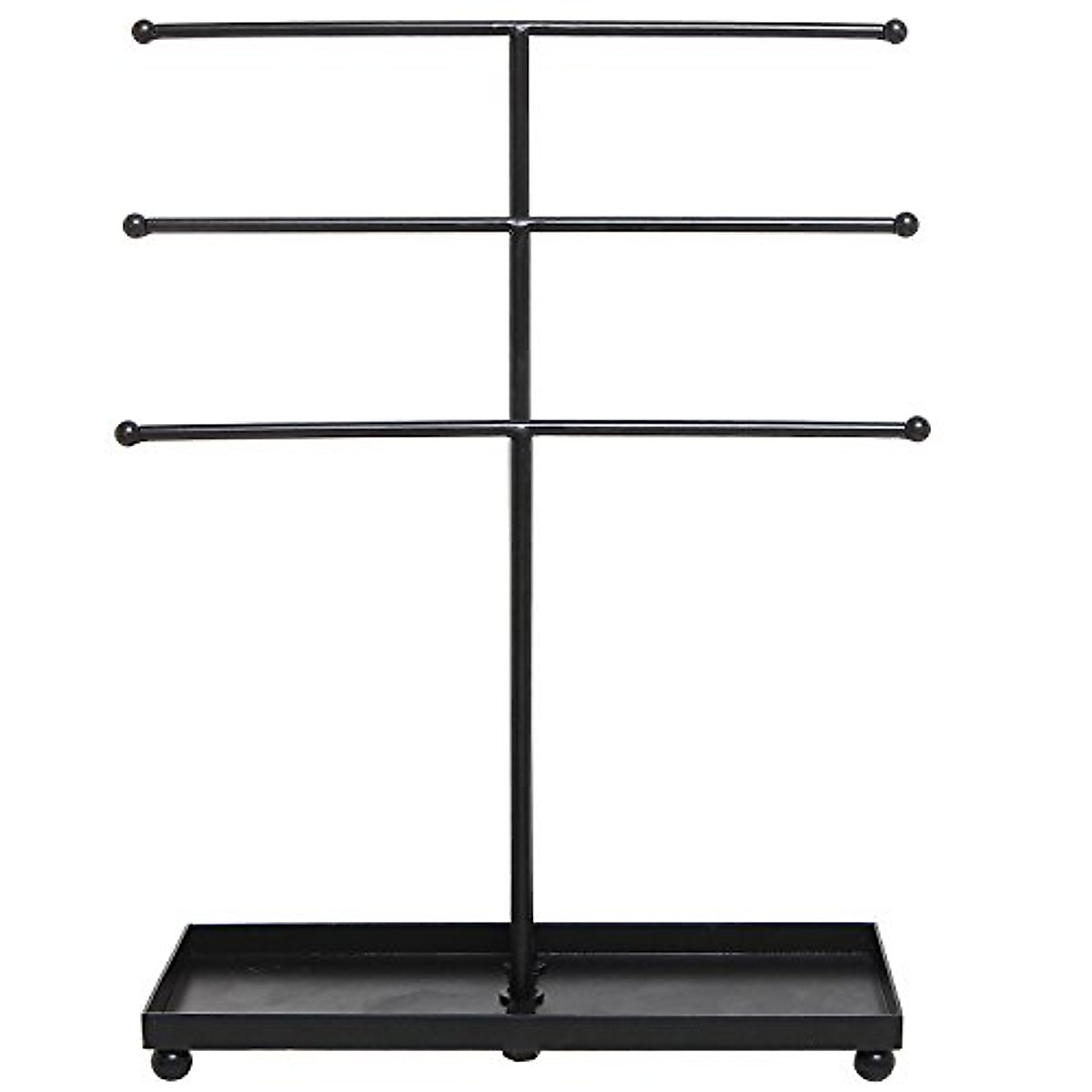 MyGift Modern Jewelry Organizer, 3 Tier Black Metal Tabletop Bracelet and Necklace Jewelry Storage Display Tree Rack with Base Ring Tray