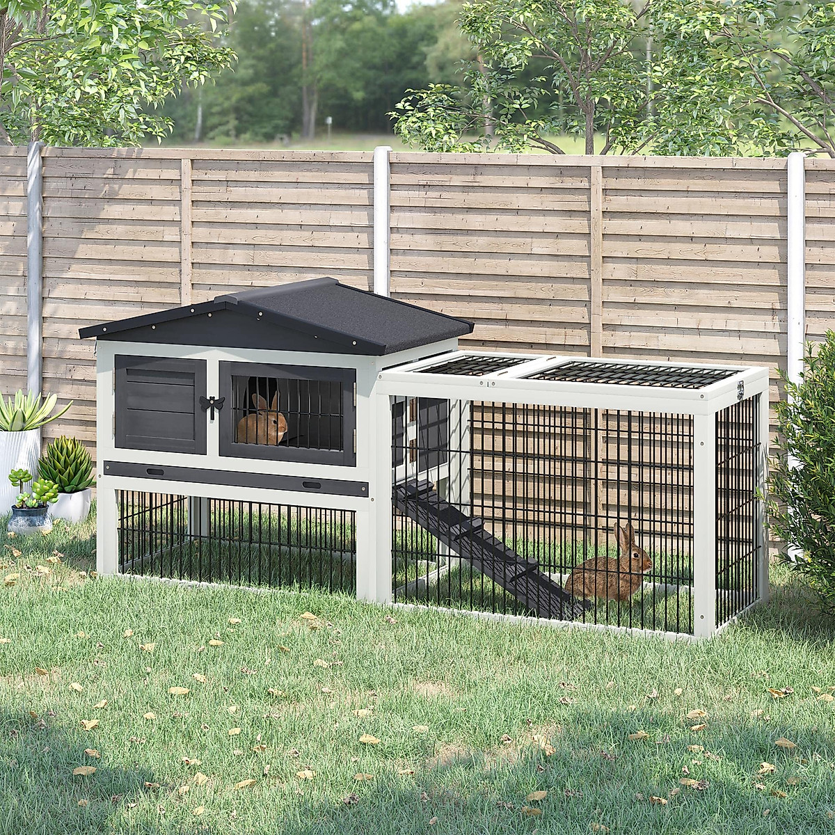 PawHut Rabbit Hutch, 2 Story Outdoor Bunny Cage with Slide-Out Tray, Run Cage, Openable Top for Rabbits, Guinea Pig, Dark Gray