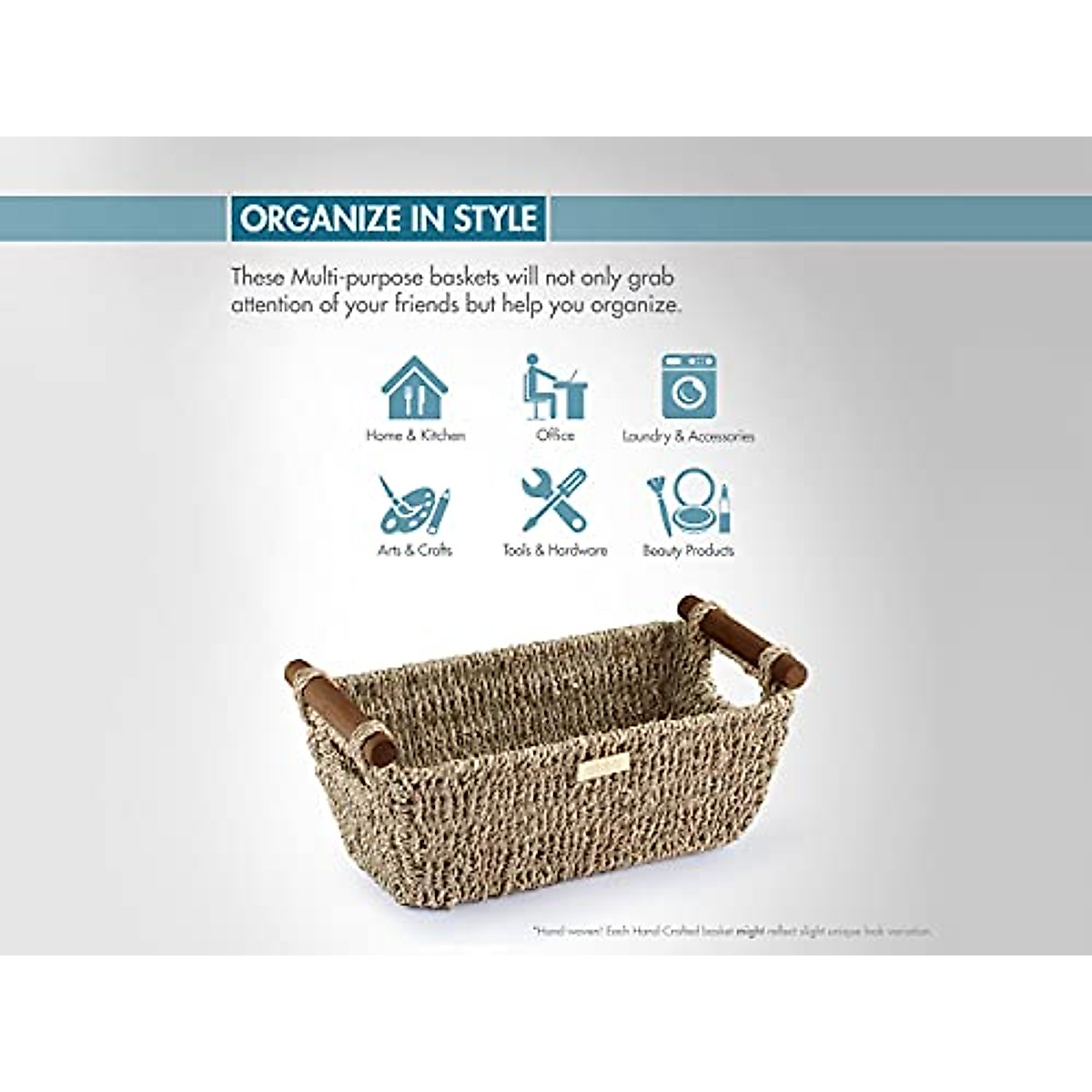 ADO Basics Seagrass Hand Woven Basket with Stain Resistant Polished Wooden Handles, Toilet paper Storage Wicker Baskets 12 inches Length, 6.29 inches Width, 4.25 inches Height, Natural