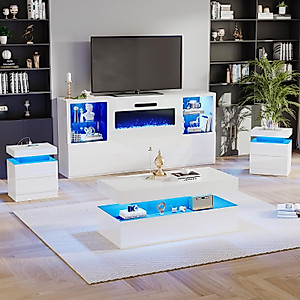 AMERLIFE 68" Fireplace TV Stand with 40" Fireplace, Modern High Gloss Fireplace Entertainment Center with LED Lights for TVs up to 78", TV Console with Glass Shelves for Living Room, White
