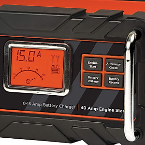 BLACK+DECKER BC15BD Fully Automatic 15 Amp 12V Bench Battery Charger/Maintainer with 40A Engine Start, Alternator Check, Cable Clamps