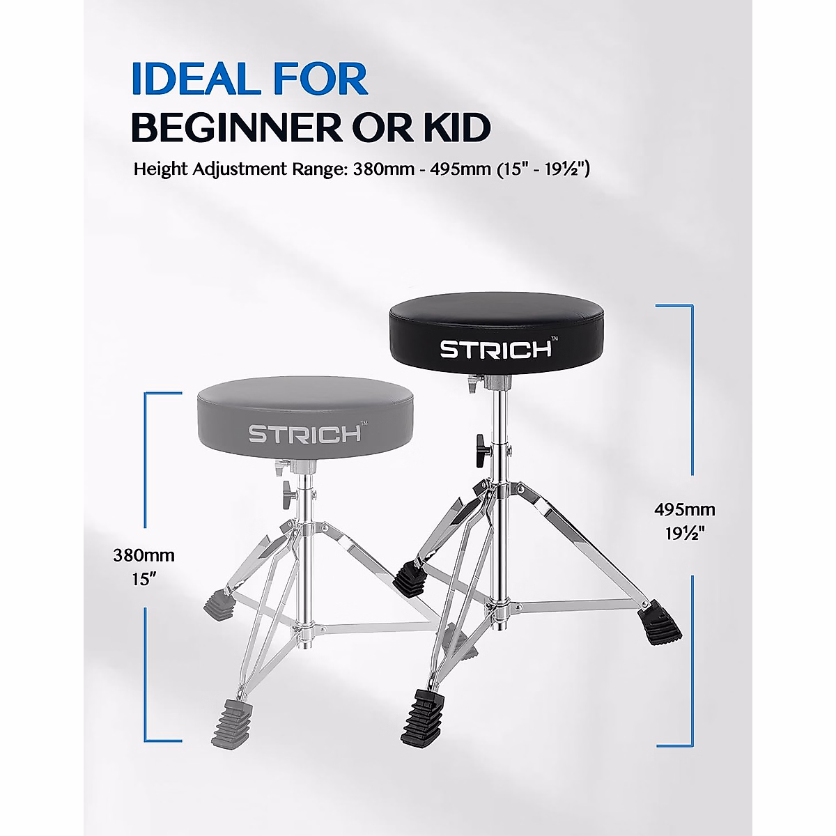 STRICH Drum Stool Set, Padded Seat Height Adjustable Drum Throne with 5A Drumsticks for Adults Beginner Drummers, SDB-10 Standard