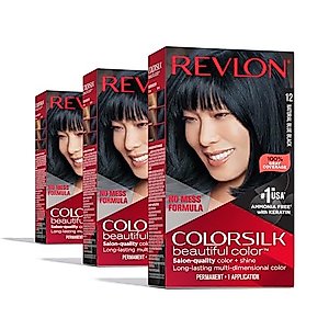 Revlon Permanent Hair Color, Permanent Black Hair Dye, Colorsilk with 100% Gray Coverage, Ammonia-Free, Keratin and Amino Acids, Black Shades (Pack of 3)