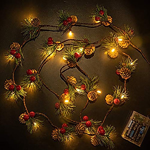 FUNPENY Christmas PineCones String Lights, 6.56Ft 20 LED Pine Needles Red Berries Fall Light Garland, Indoor Outdoor Decor for Thanksgiving Christmas Autumn Themed Party Decorations