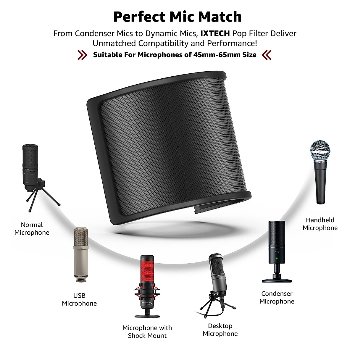IXTECH Microphone Pop Filter, Mic Pop Screen with Metal Mesh and Foam Filter, Handheld Mic Windscreen Cover Pop Shield, Noise Shield Microphone Accessories for Podcasts Recording Vlogging Streaming.